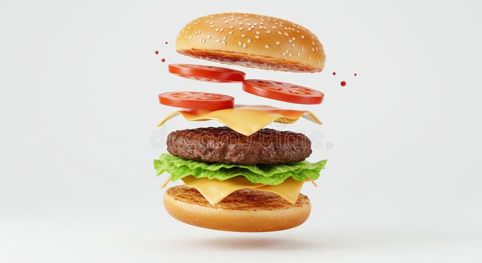 Exploded Burger with Ingredients Floating Above Each Other Isolated on ...
