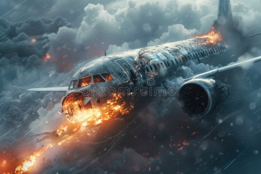 Exploded Burning Flying Passenger Plane Stock Photo - Image of engine ...