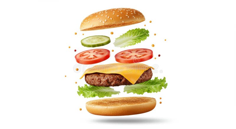 Exploded Cheeseburger Ingredients Floating on White Background for Food ...