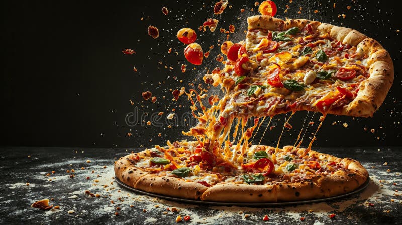 Exploded Delicious Pizza with Fresh Vegetables on Dark Background Stock ...