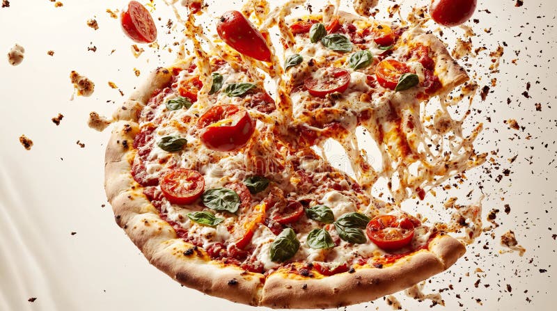 Exploded Delicious Pizza with Fresh Vegetables on Light Background ...