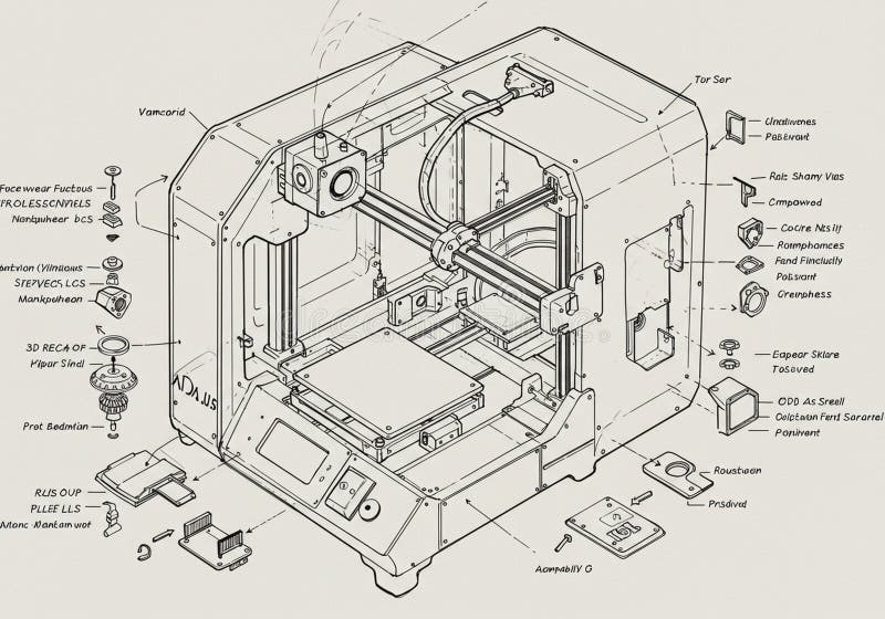 Exploded Diagram of a 3D Printer Showing Various Components and Their Placement Stock ...