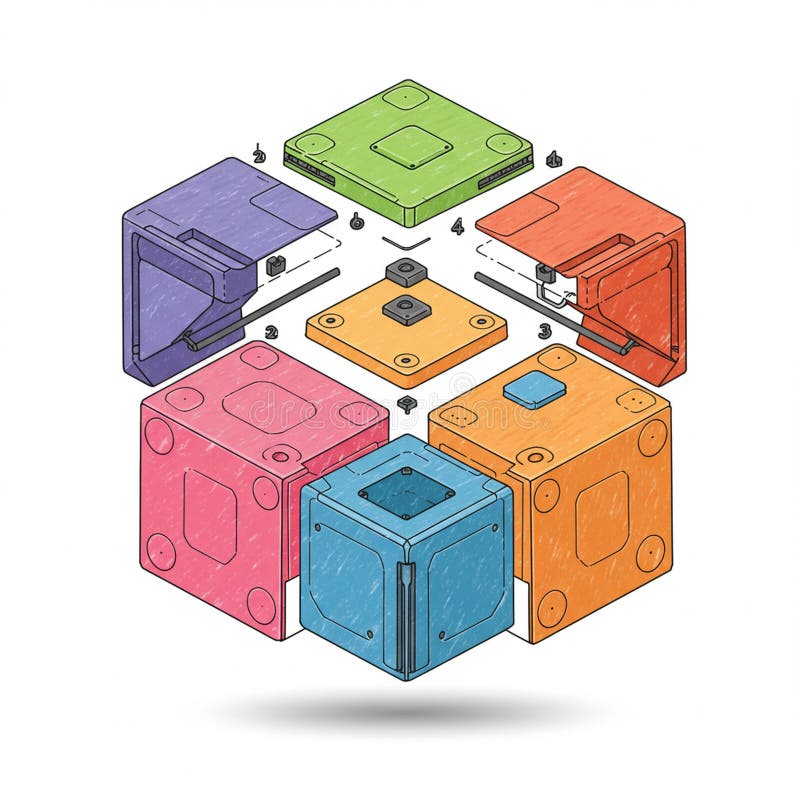 Exploded Diagram of a Multicolored Cube with Detachable Components ...