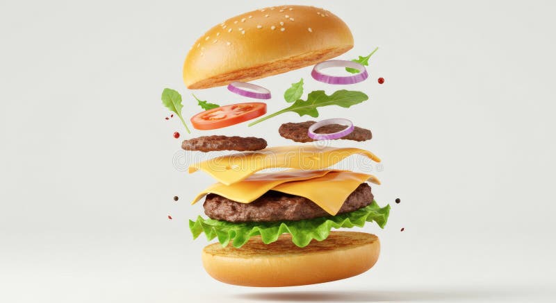 Exploded Hamburger Composition with Flying Ingredients on Neutral ...