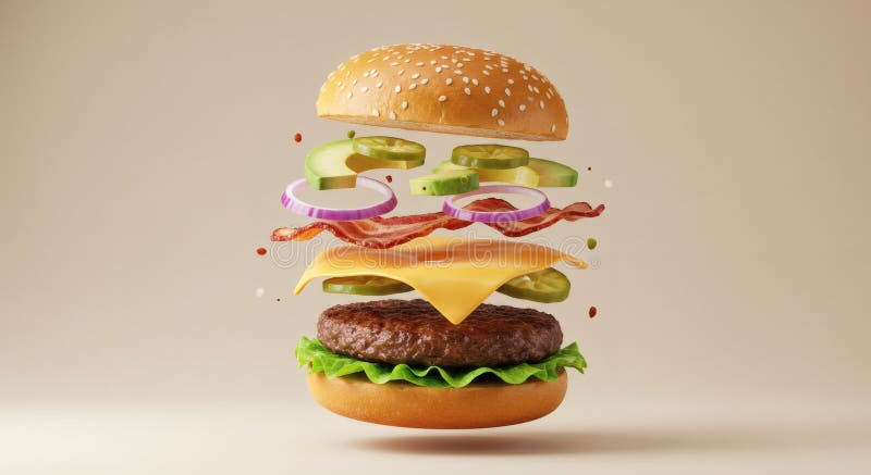 Exploded Hamburger Concept with Floating Ingredients on Light ...