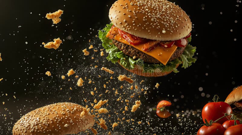 Exploded Hamburger with Fresh Vegerables on Dark Background Stock ...