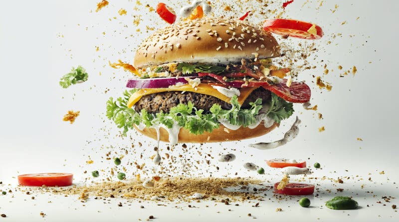Exploded Hamburger with Fresh Vegerables on Light Background Stock ...