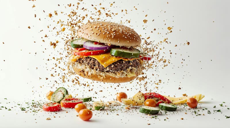 Exploded Hamburger with Fresh Vegerables on Light Background Stock ...
