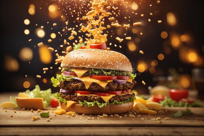 Exploded Hamburger on Wooden Table Background Stock Illustration ...