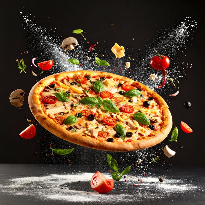 Exploded Pizza Floating in Mid Air Stock Illustration - Illustration of ...