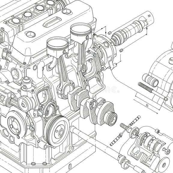 Exploded Technical Drawing of an Internal Combustion Engine. Features ...