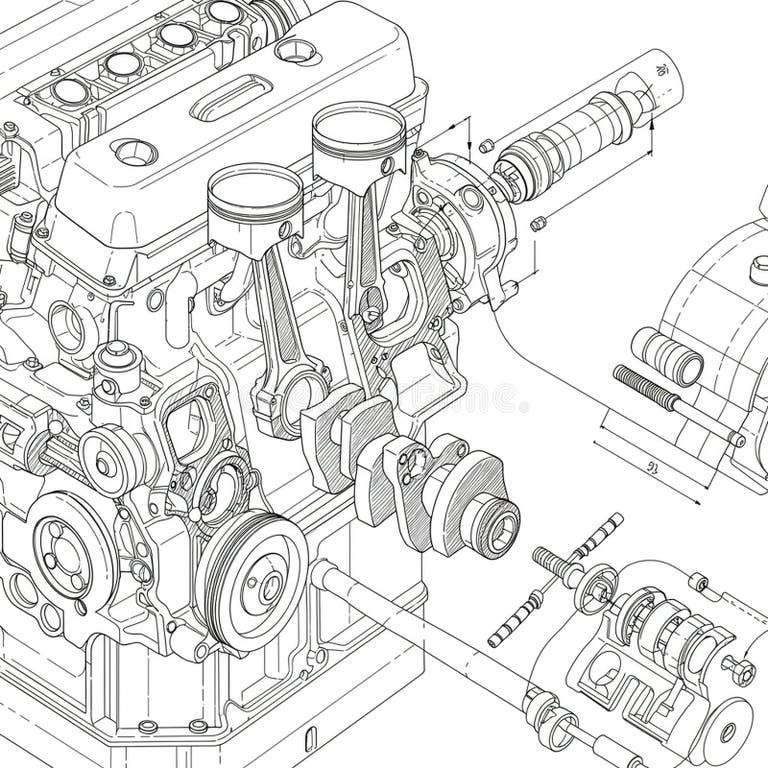 Exploded Technical Drawing of an Internal Combustion Engine. Features Include Stock Illustration ...
