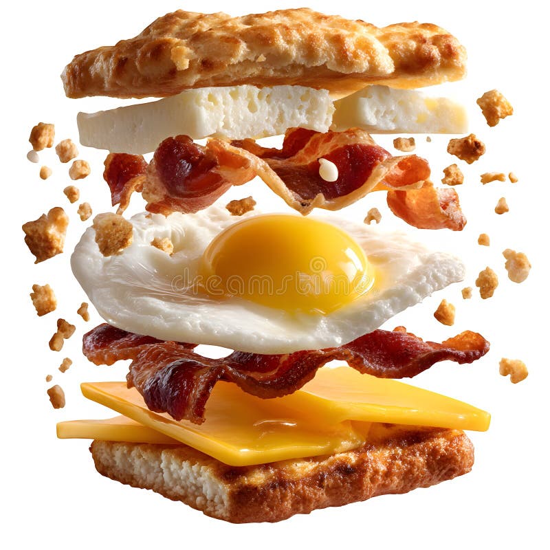 Exploded View of Breakfast Sandwich with Egg Bacon and Cheese on White ...