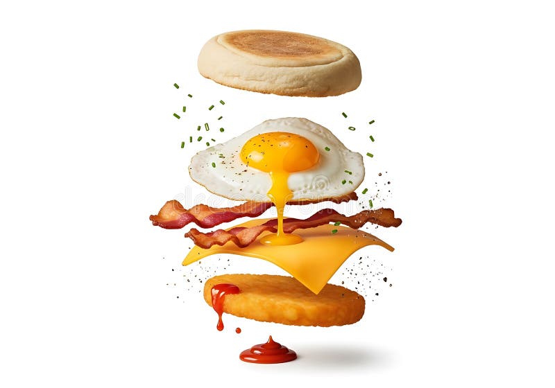 Exploded View of a Breakfast Sandwich Isolated on White Background ...
