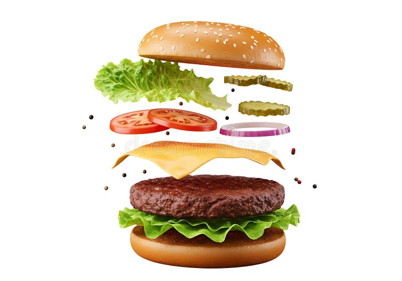 Exploded View of a Burger with Floating Ingredients on a White ...