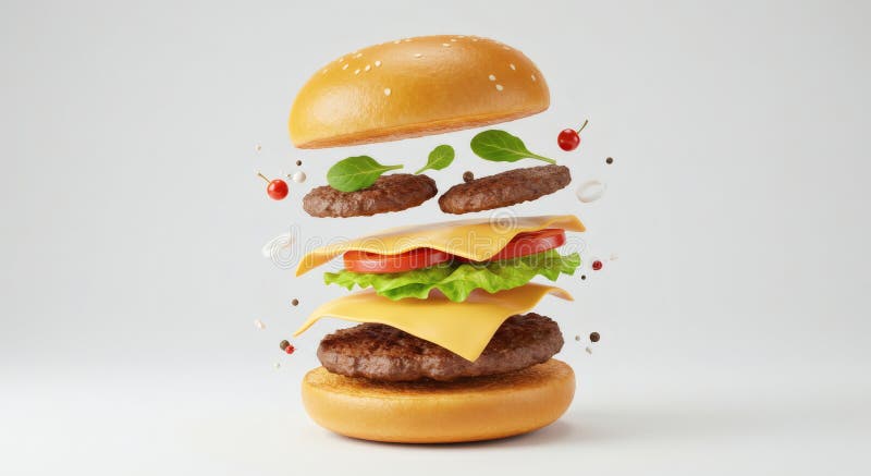 Exploded View of a Burger with Flying Ingredients on a Light Background ...