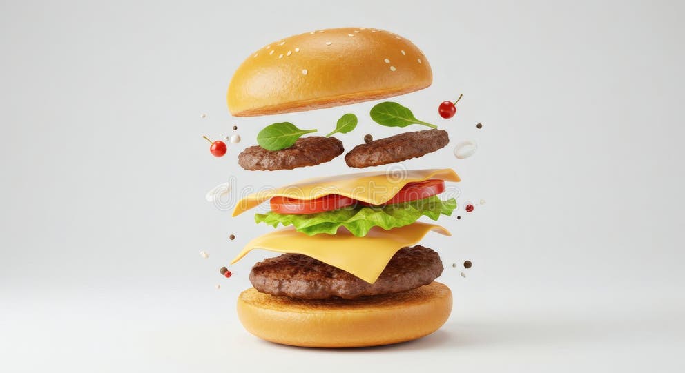 Exploded View of a Burger with Flying Ingredients on a Light Background ...