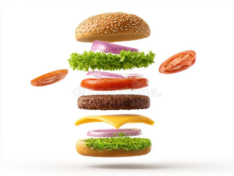 Exploded View of a Burger with Ingredients Floating Isolated on White ...
