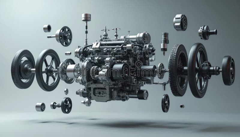 Exploded View of Car Engine Assembly in High-tech Lab Setting ...