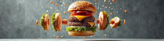 Exploded View of a Classic Cheeseburger with Lettuce, Tomato, and ...