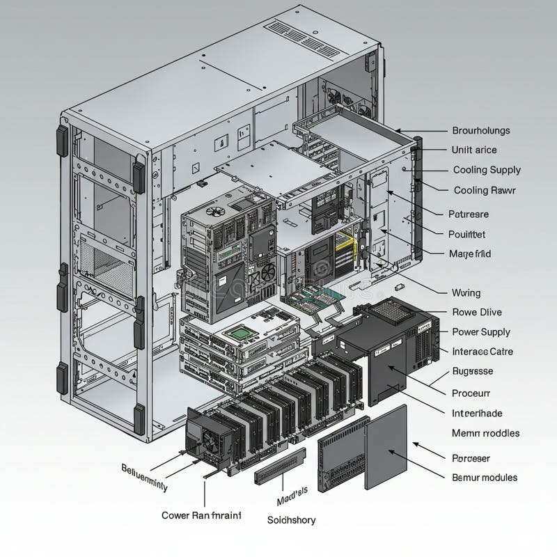 Exploded View of a Computer Server Showcasing Various Labeled ...
