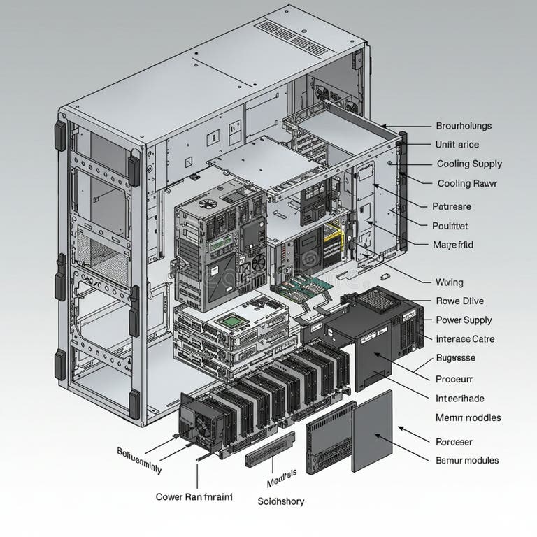 Exploded View of a Computer Server Showcasing Various Labeled ...