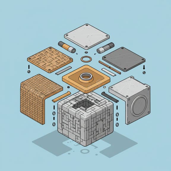 An Exploded View of a Cube with Separate Parts Including Square Panels, Cylindrical Stock ...