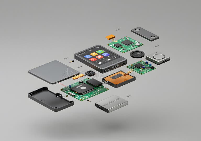 Exploded View of Digital Device Components on Grey Background Stock ...