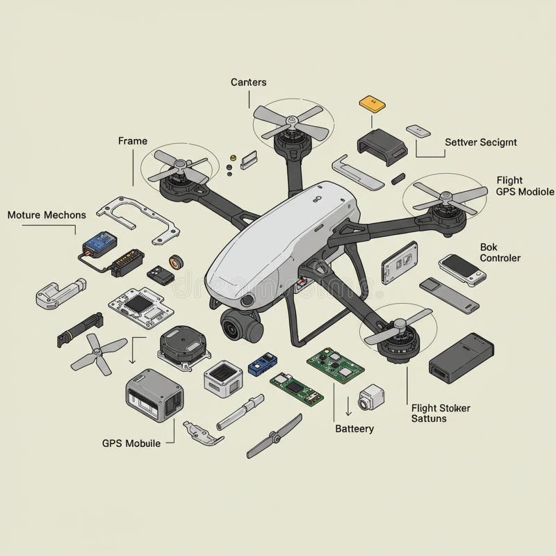 Exploded View of a Drone Showcasing Various Components Labeled with ...