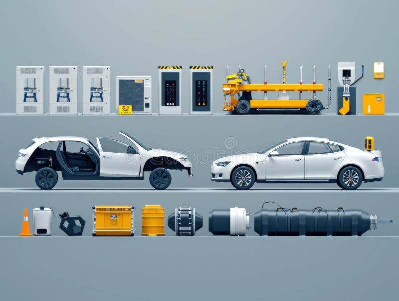 Exploded View of Electric Vehicle and Components Stock Illustration ...