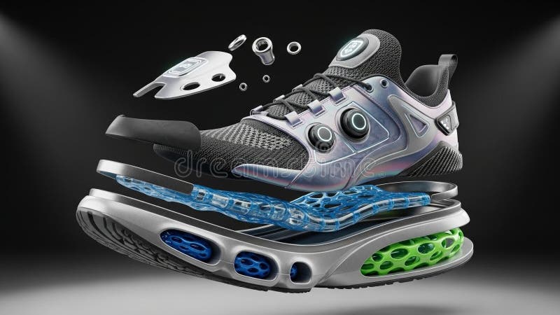 Exploded View of Futuristic Athletic Shoe with Layered Cushioning and ...