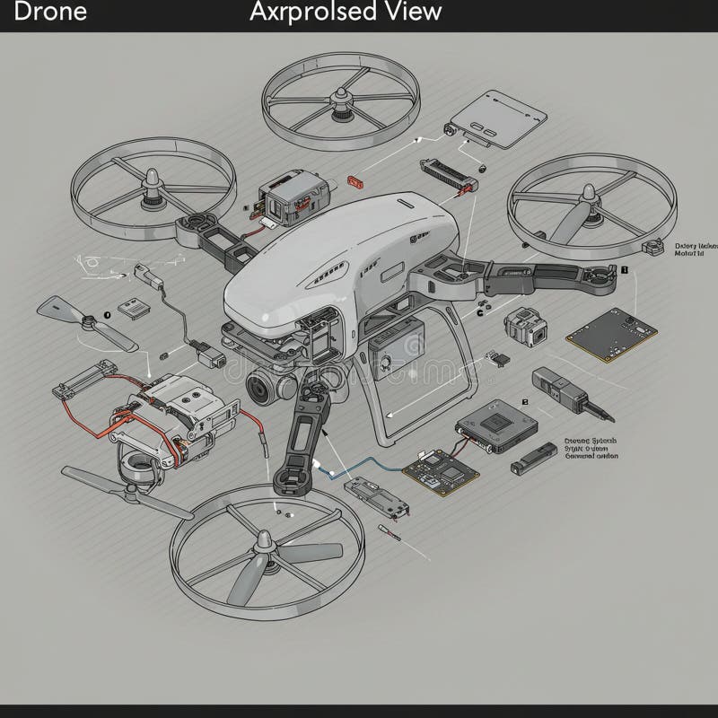 Exploded View Illustration of a Drone Showcasing Various Components. Key Parts Stock ...