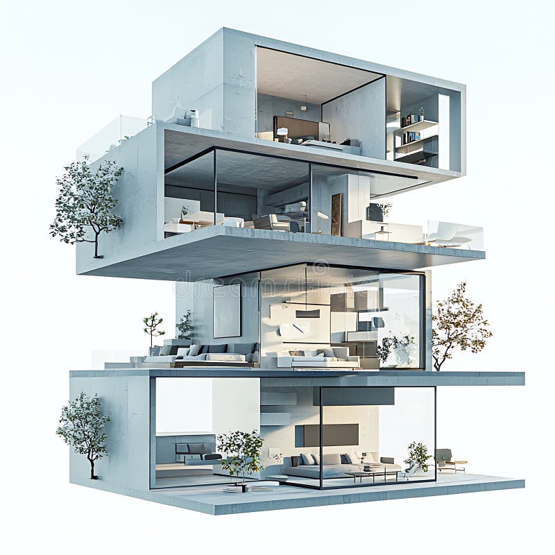 Exploded View of a Modern MultiStory Concrete House with Integrated ...