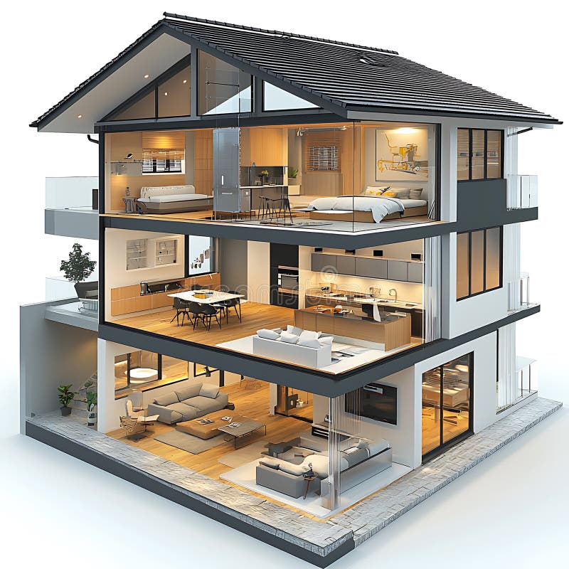 Exploded View of a Modern ThreeStory House with Luxurious Interior ...