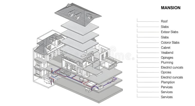 Exploded View of a Multi-story Mansion Showing Structural Layers ...