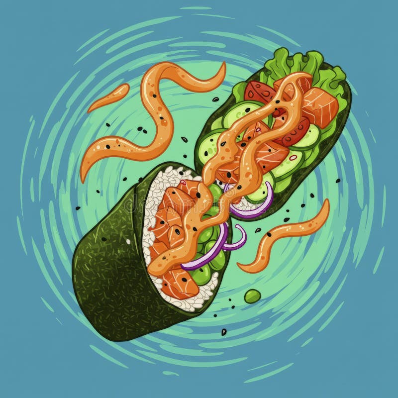 Exploded View of a Salmon Sushi Roll with Spicy Mayo Drizzle Stock ...