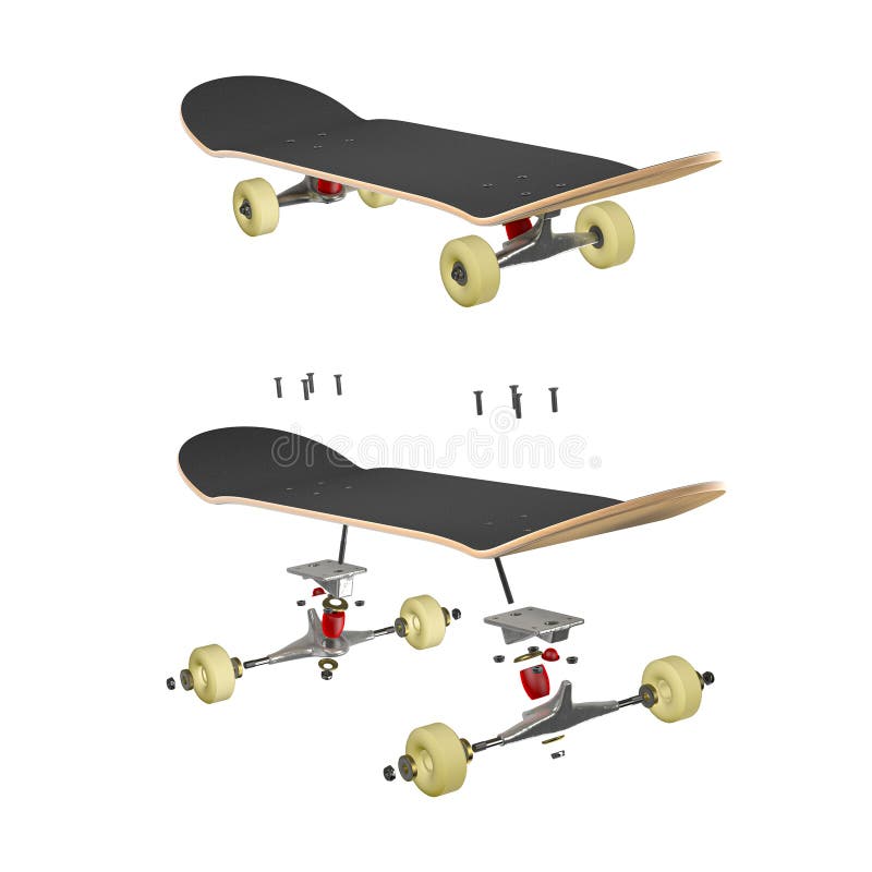 Exploded View of Skateboard with All Components in White Background. 3d ...