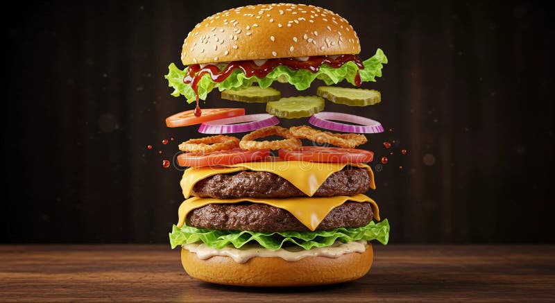 Exploded View of a Towering, Mouthwatering Double Cheeseburger on Wood ...