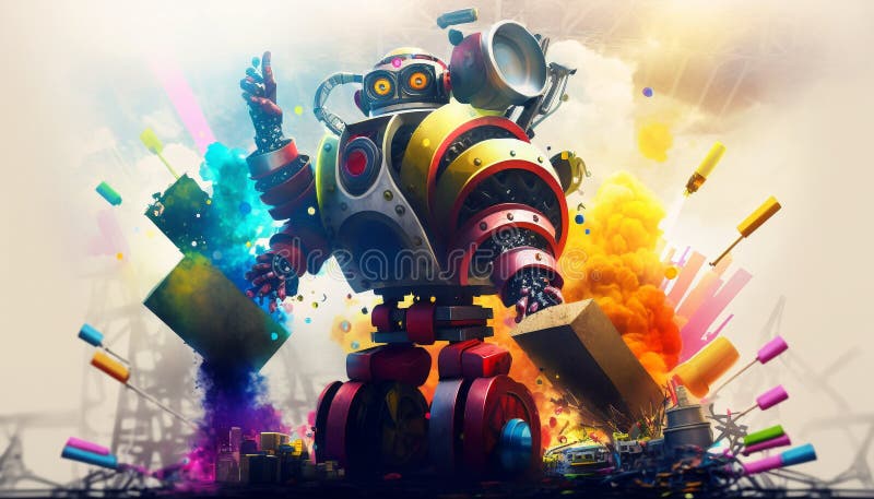 Exploding AI Metaverse Robot with Digital Art Style. Electric Man ...