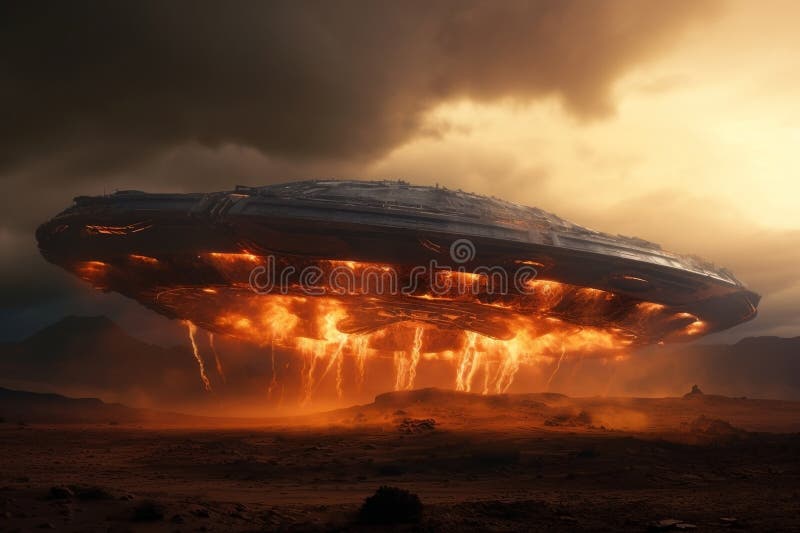 Exploding Alien Space Craft on a Desert Landscape. Fire, Flames, Smoke ...