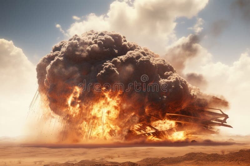 Exploding Alien Space Shuttle on a Desert Landscape. Fire, Flames ...