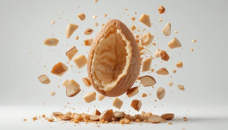 Exploding Almond Shows Inner Texture with Flying Pieces on White ...
