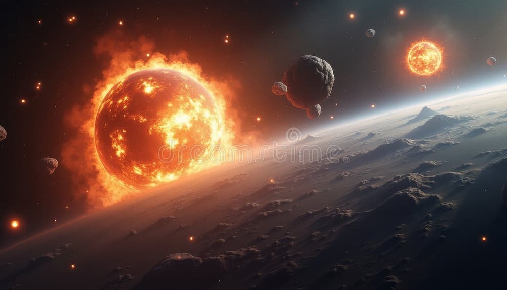 Exploding Asteroids Approaching Earth, End of World Scene Stock Image ...