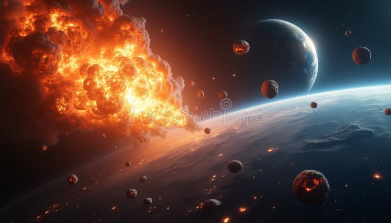 Exploding Asteroids Approaching Earth, End of World Scene Stock Image ...