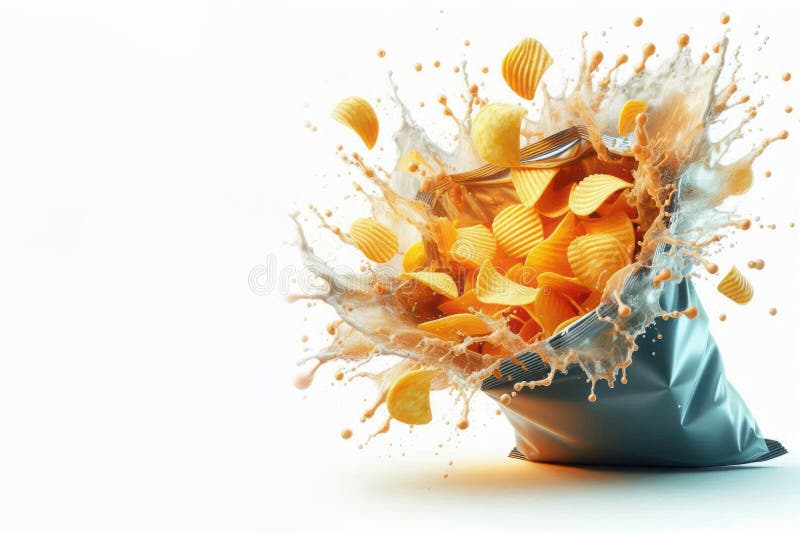 Exploding Bag of Chips on a Light Background. Space for Text. Stock ...