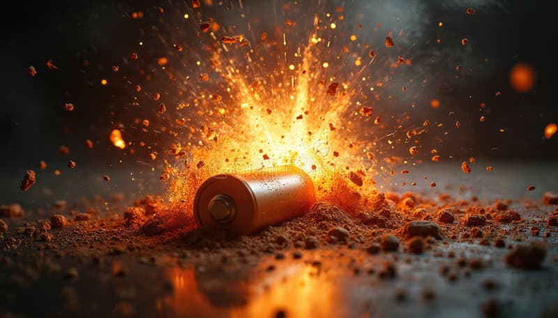 Exploding Battery Illustration with Intense Fire and Debris. Represents ...