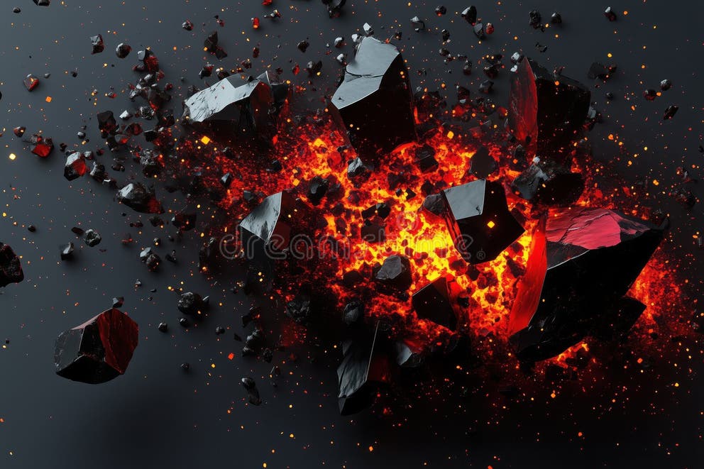 Exploding Black Shards with Fiery Orange Core, Dark Space Background ...