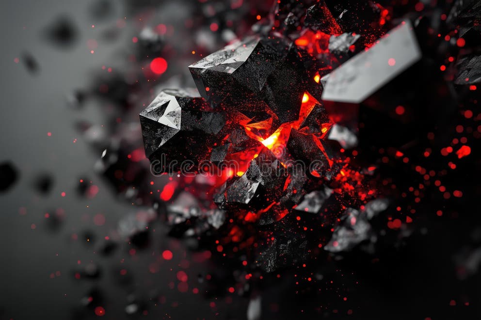 Exploding Black Shards with Fiery Orange Core, Dark Space Background ...