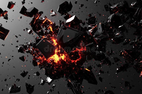 Exploding Black Shards with Fiery Orange Core, Dark Space Background ...