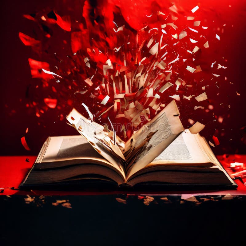 Exploding Book with Flying Pages on Red Background Stock Image - Image ...